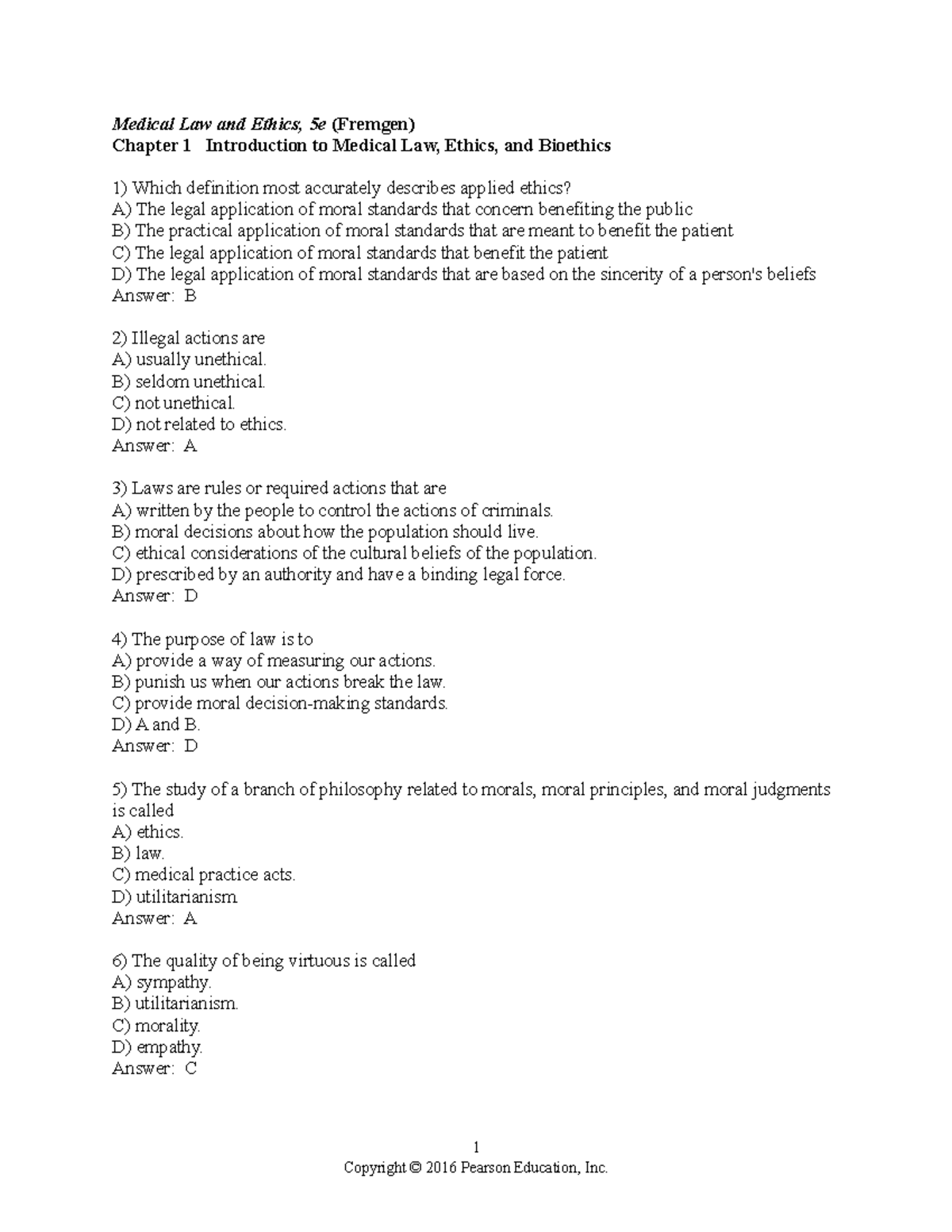 9780133998986 Test Bank chapter-1 - Medical Law and Ethics, 5e (Fremgen ...