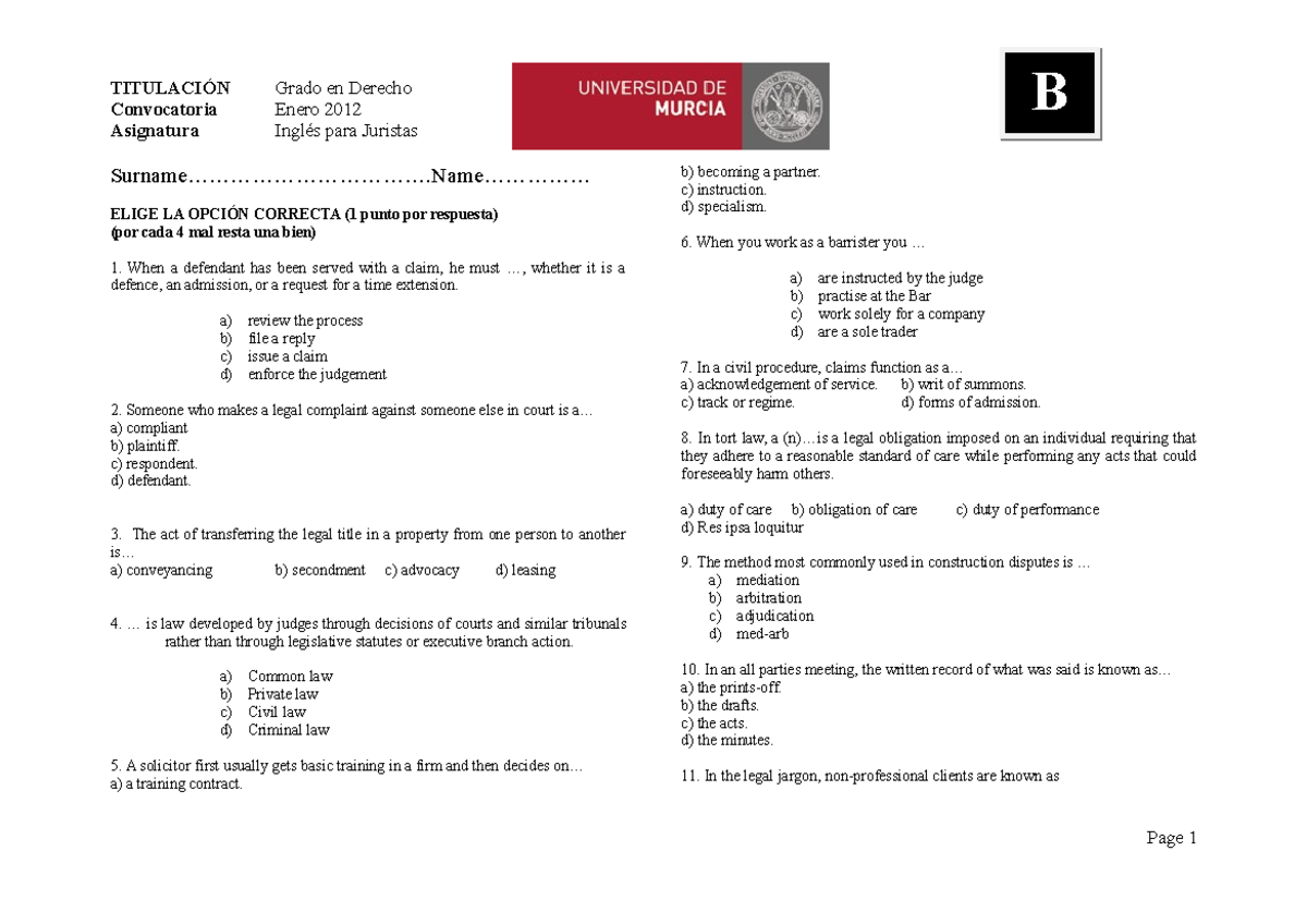Sample/practice exam January 2012, questions and answers - Convocatoria ...