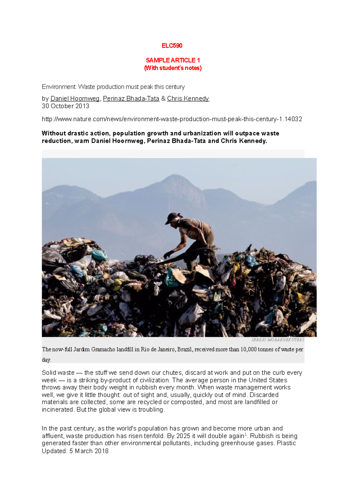 Art 1 (Environment) (050318) - ELC SAMPLE ARTICLE 1 (With student’s ...