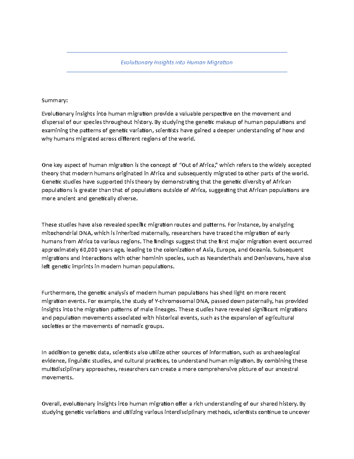 Evolutionary Insights into Human Migration (Summary) - Evolutionary ...