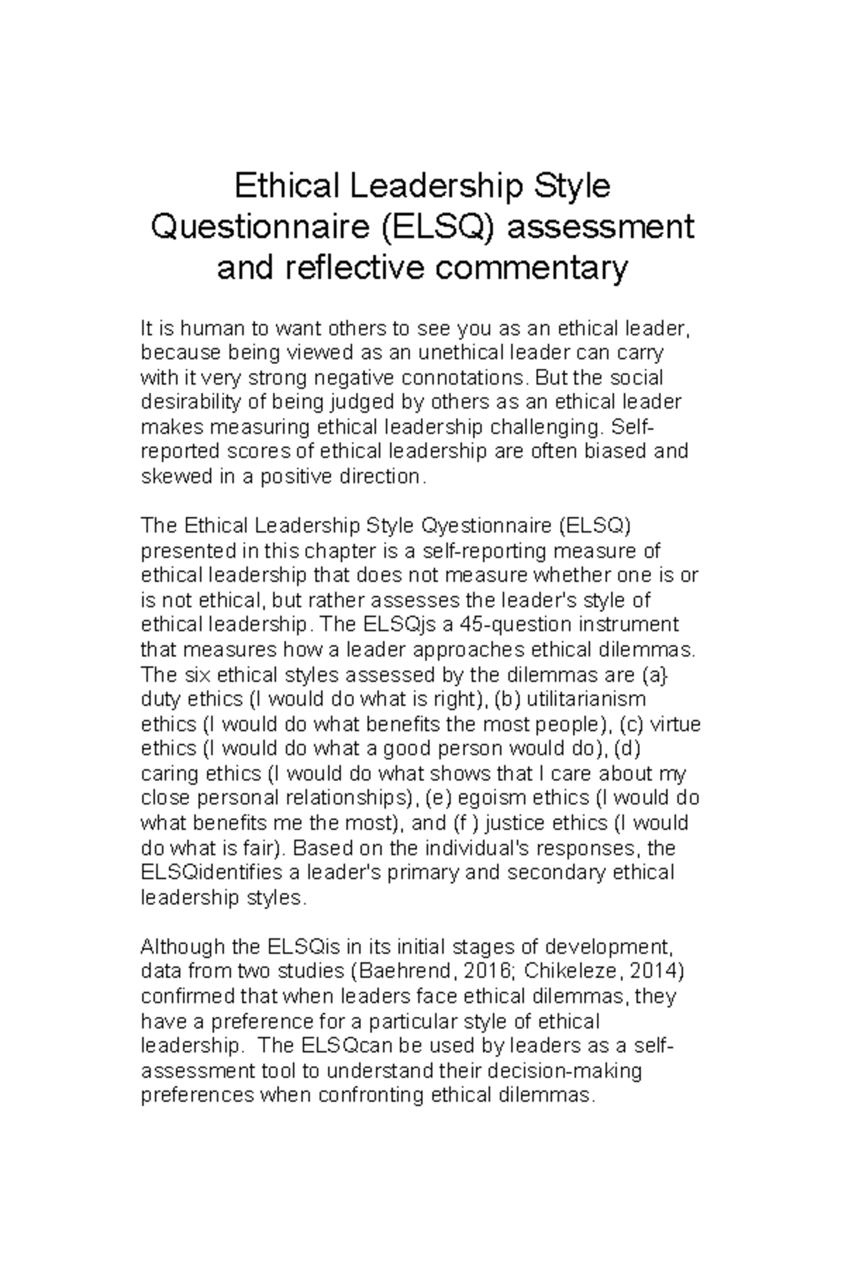 ELSQ - Summary Leadership and Organizations - Ethical Leadership Style ...