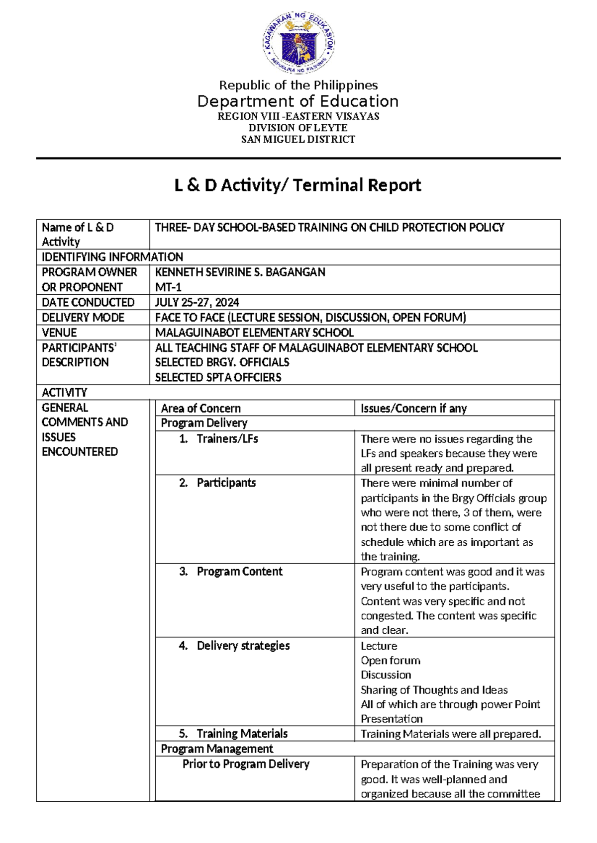 ACR ON Child Protection Policy Training - Republic of the Philippines Department of Education ...
