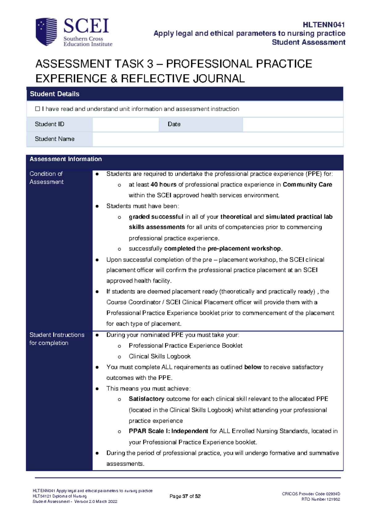 Hltenn 041 Student Assessment Task 3 - Professional Practice Experience ...
