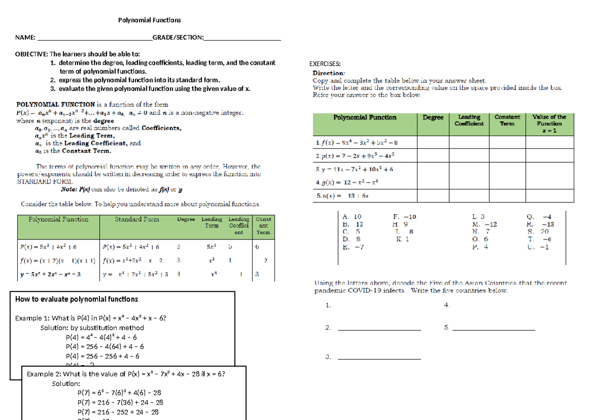 Activity-2 - Polynomials - Polynomial Functions NAME: ___________GRADE ...