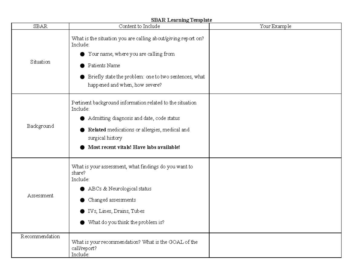 SBAR Learning Template - SBAR Learning Template SBAR Content to Include ...