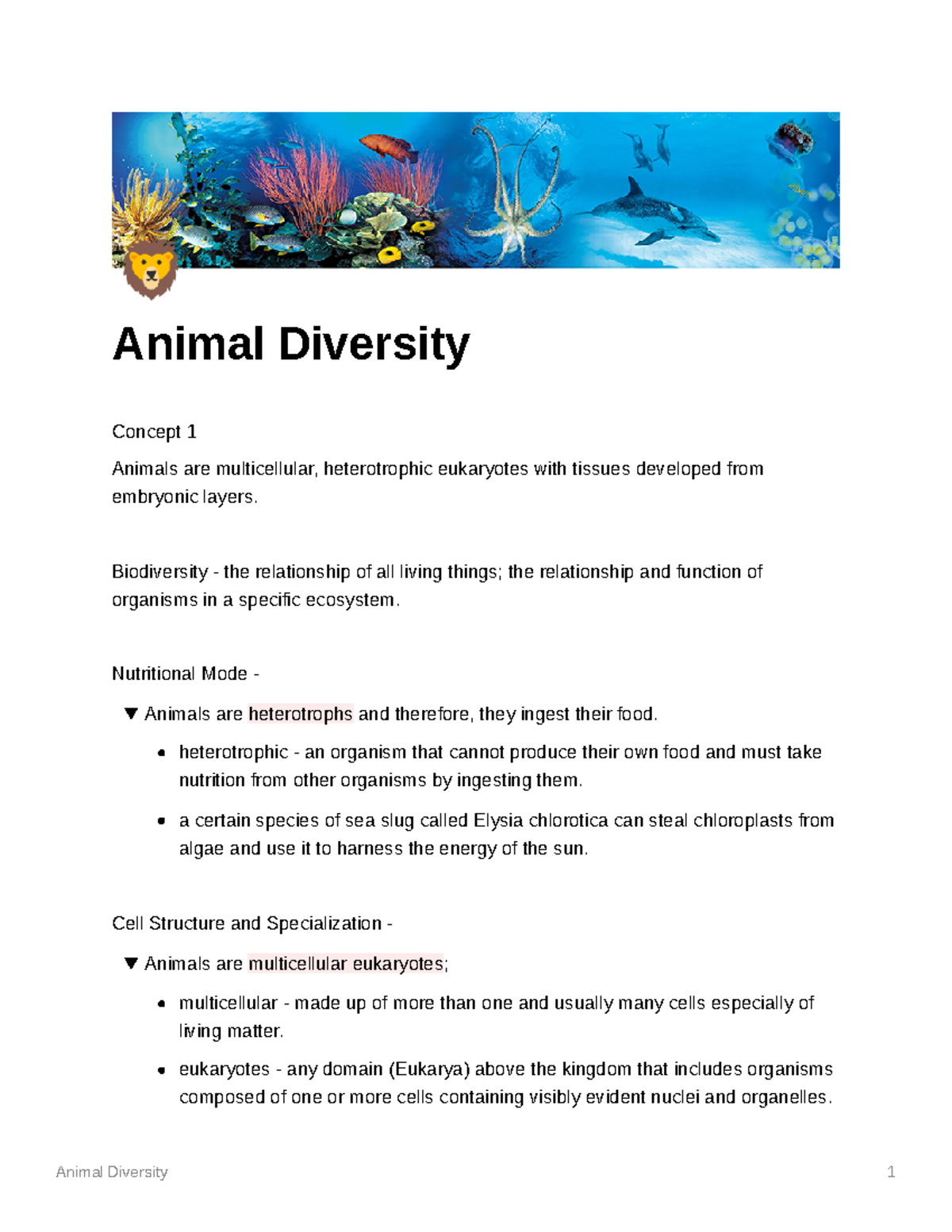 Animal Diversity - ̄ Animal Diversity Concept 1 Animals are ...