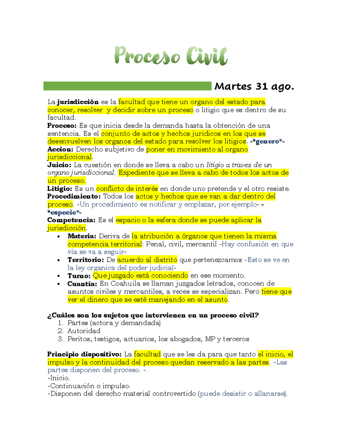 Proceso Civil Apuntes - Martes 31 ago. La jurisdicciÛn es la facultad ...
