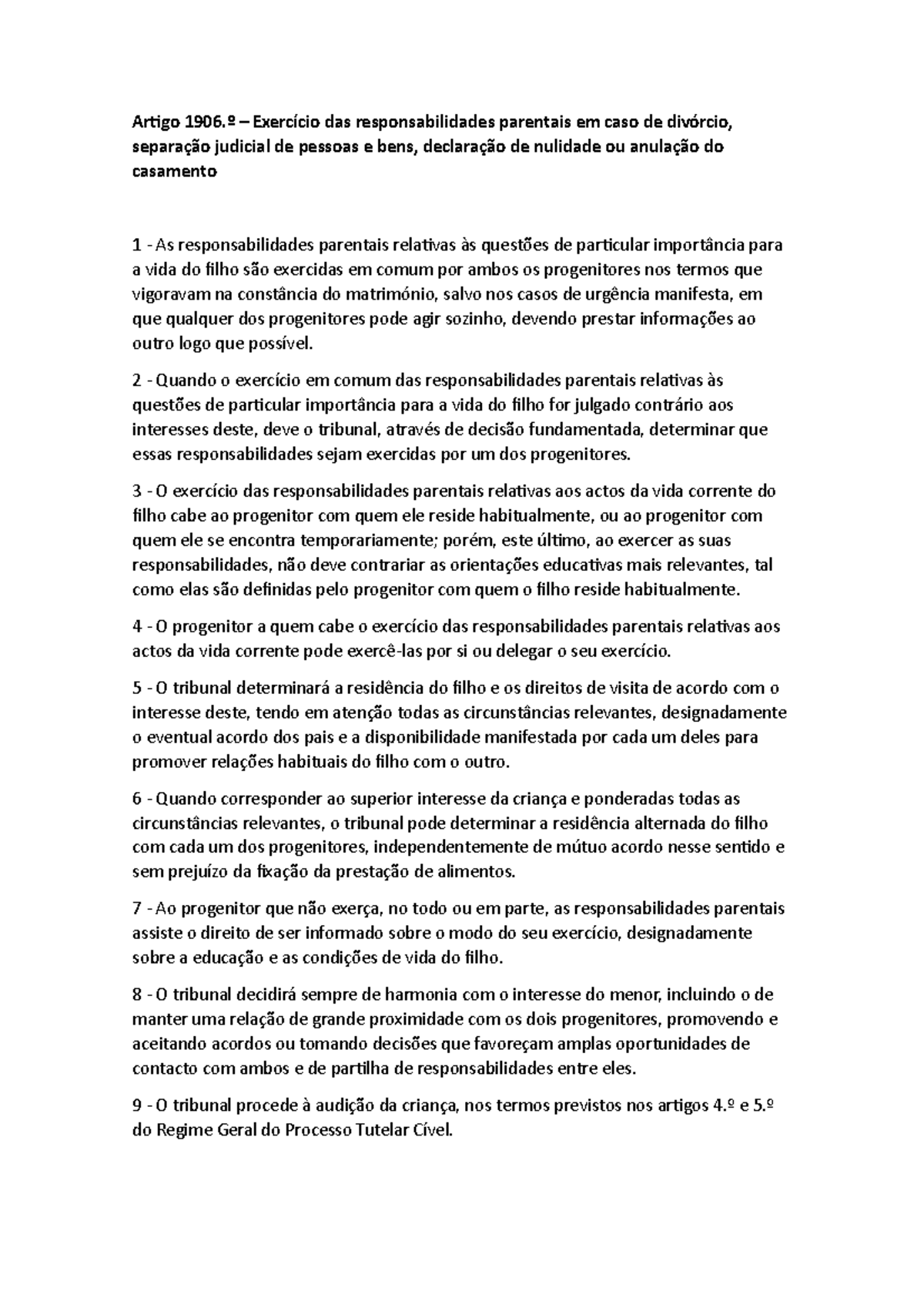 Artigo 1906 - Artigo 1906.º – Exercício das responsabilidades parentais em caso de divórcio ...