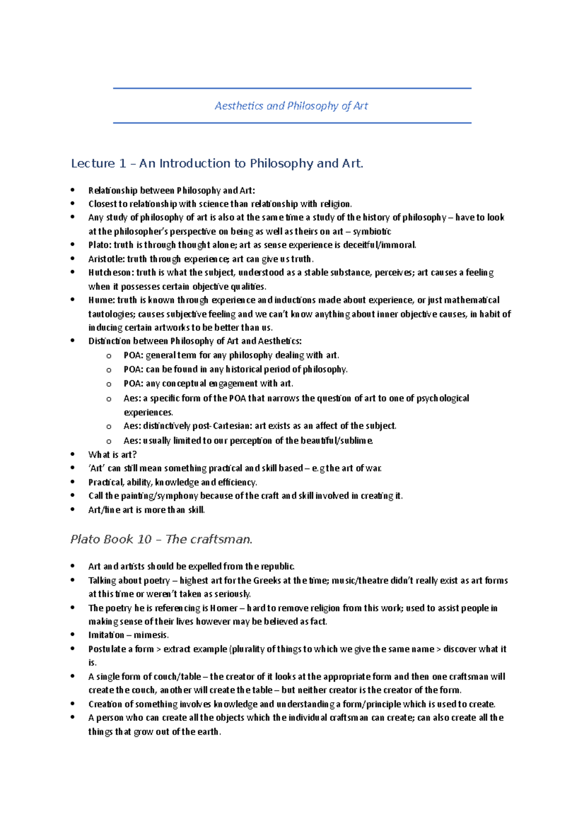 Aesthetics Lecture Notes - Aesthetics and Philosophy of Art Lecture 1 ...