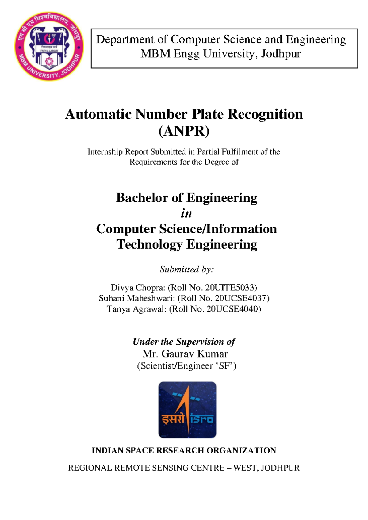 ANPR report - Automatic Number Plate Recognition (ANPR) Internship Report Submitted in Partial ...