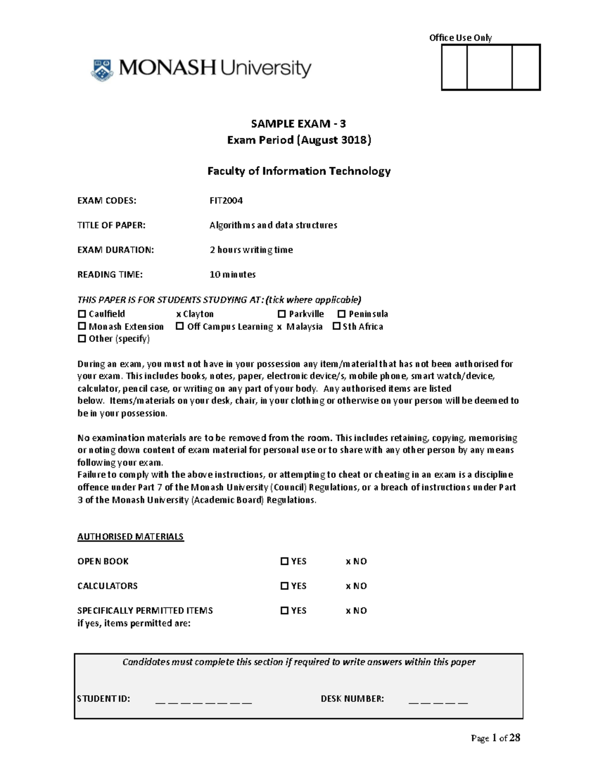 FIT2004 Sample Exam 2 Solutions - Page 1 of 28 Office Use Only SAMPLE EXAM - 3 Exam Period ...
