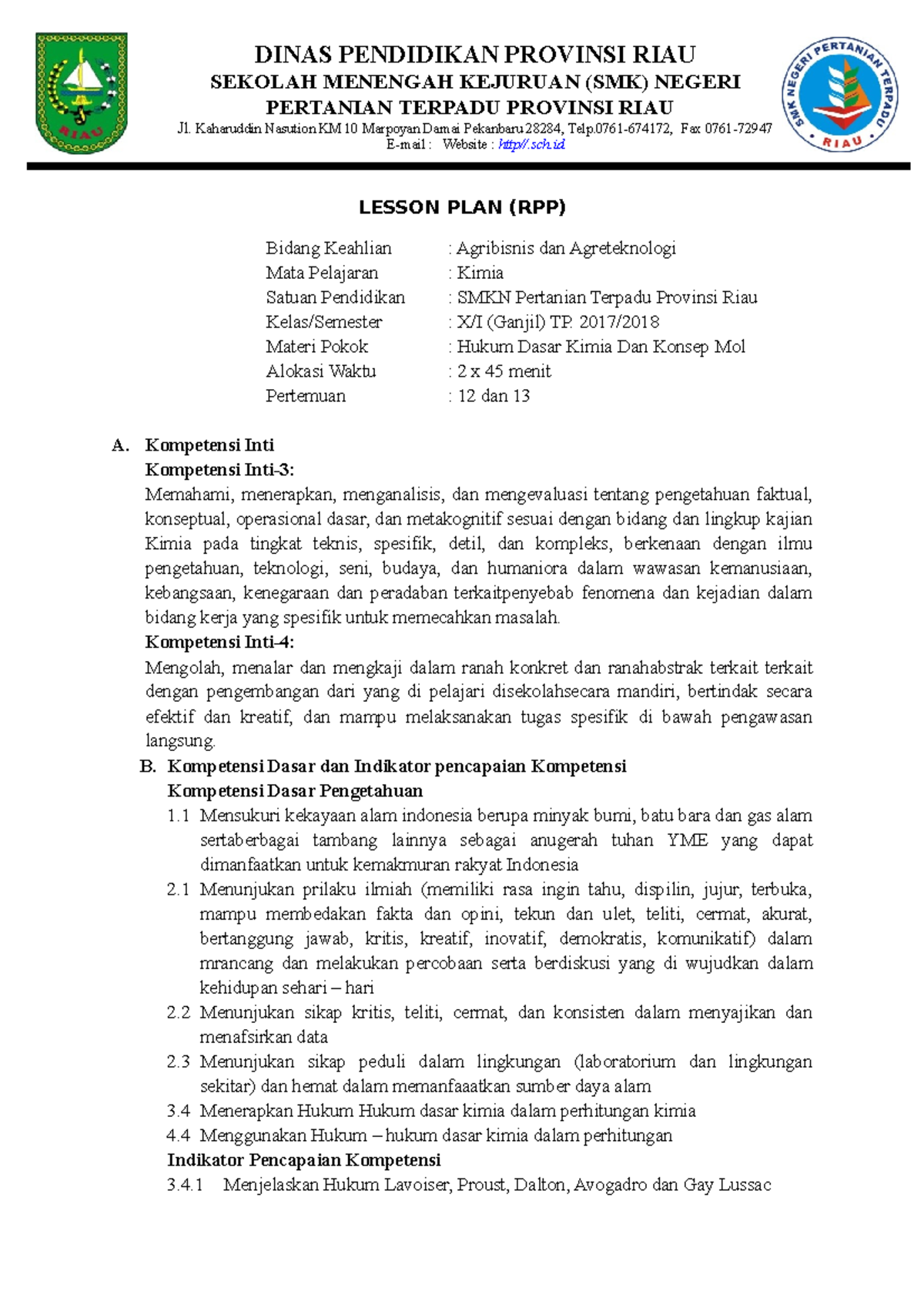 RPP - 12 Kimia Kelas 10 - LESSON PLAN (RPP) Bidang Keahlian ...