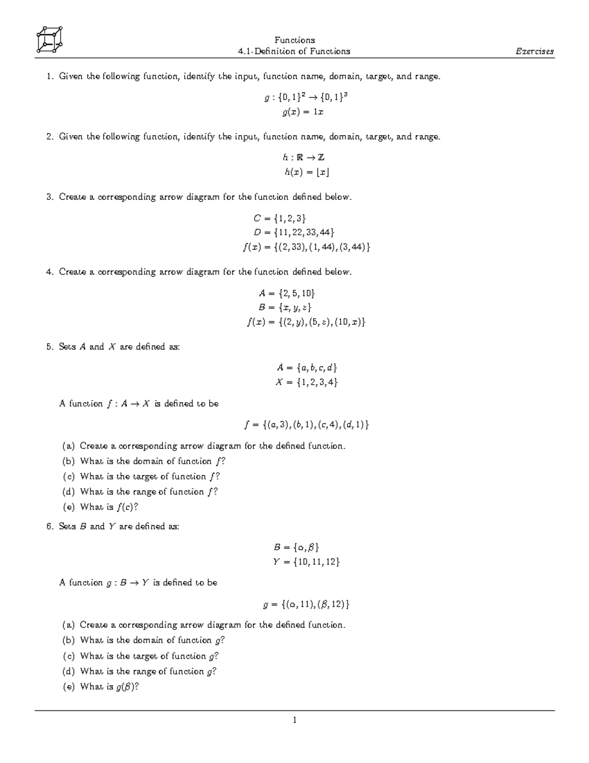 4 - Practice - Functions 4-Definition of Functions Exercises Given the ...