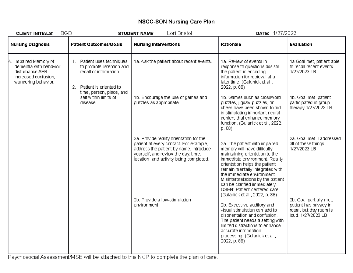MH Care plan Week 1 - Mental Health Clinical - NSCC-SON Nursing Care ...