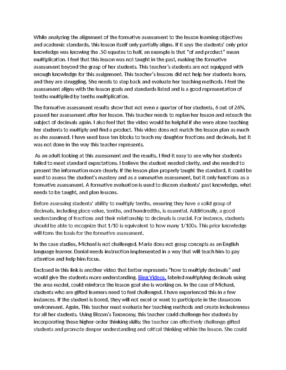 While analyzing the alignment of the formative assessment to the lesson ...