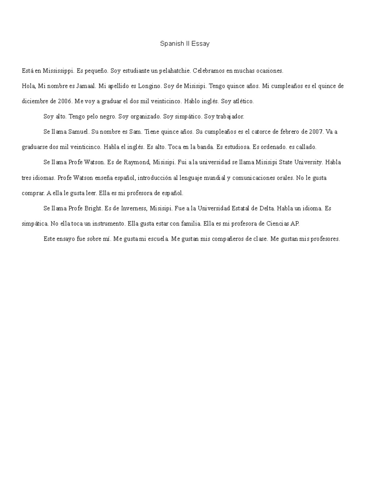 Spanish II Essay - This is class work for unit 1 chapter 5 - Spanish II ...