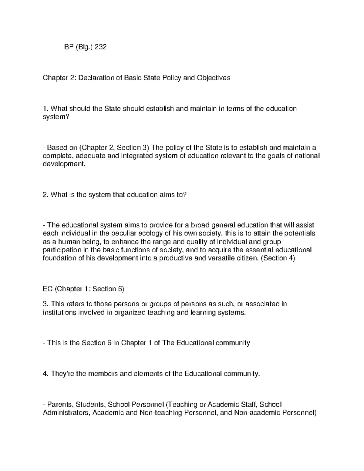 Batas Pambansa - BP (Blg.) 232 Chapter 2: Declaration of Basic State ...