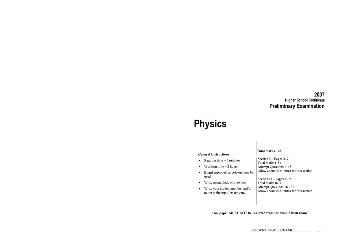 2007 Independent Preliminary Physics Exam - 2007 Higher School Certificate Preliminary ...