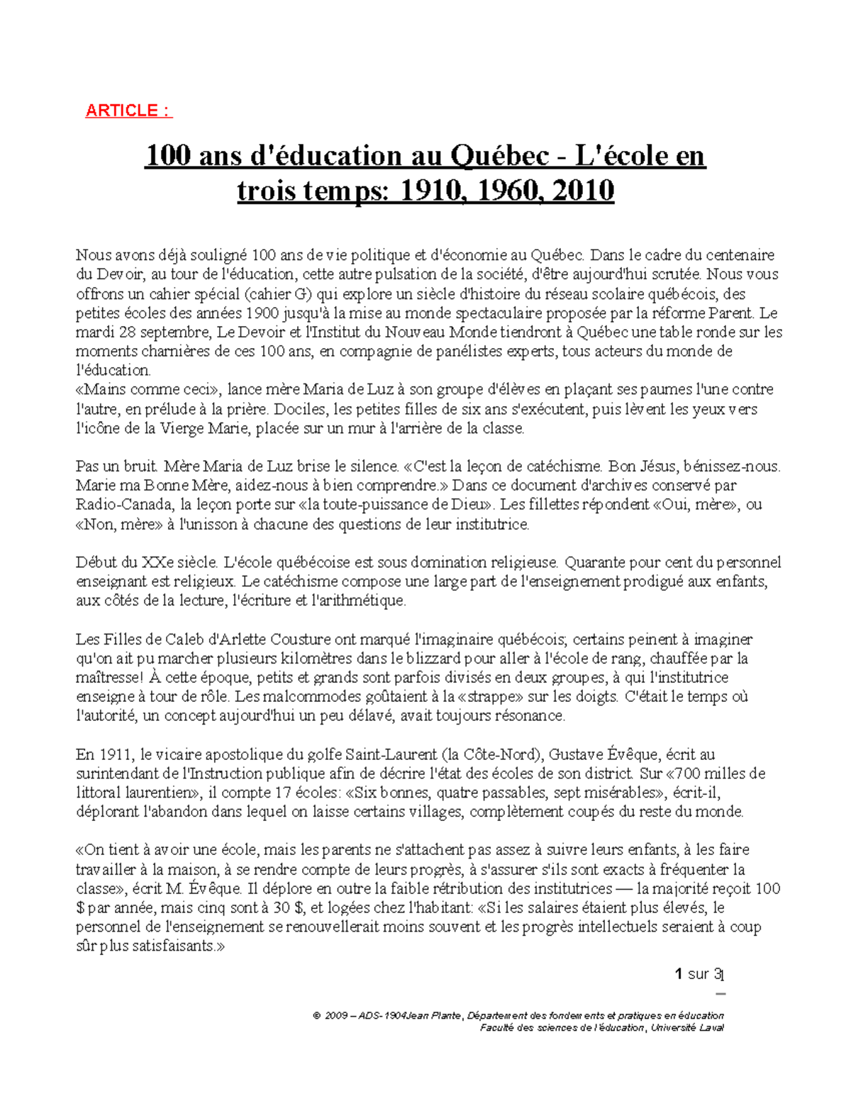 Article - Helpful - ARTICLE : 100 ans d'éducation au Québec - L'école ...