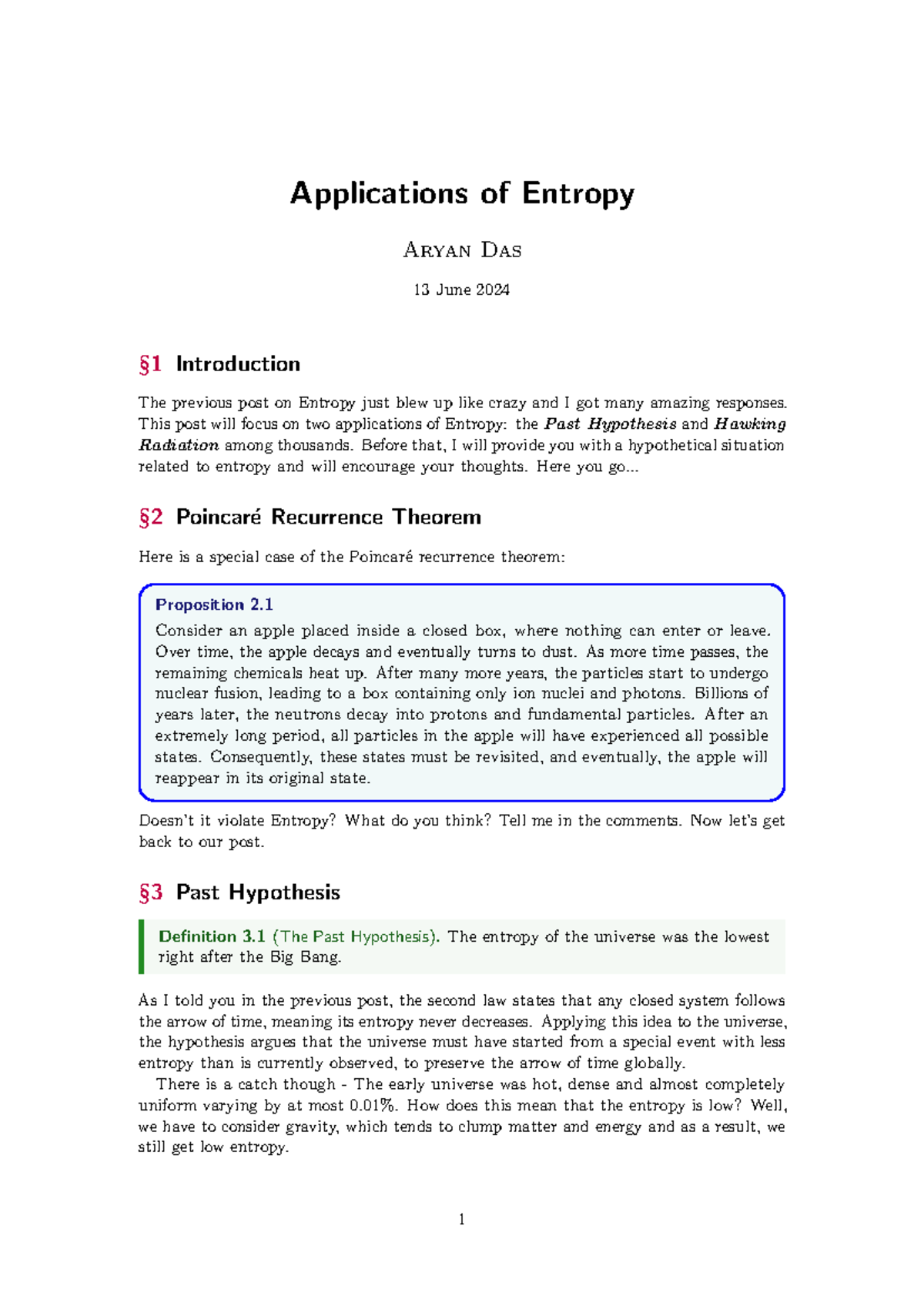 Applications Of Entropy Applications Of Entropy Aryan Das 13 June 2024 §1 Introduction The
