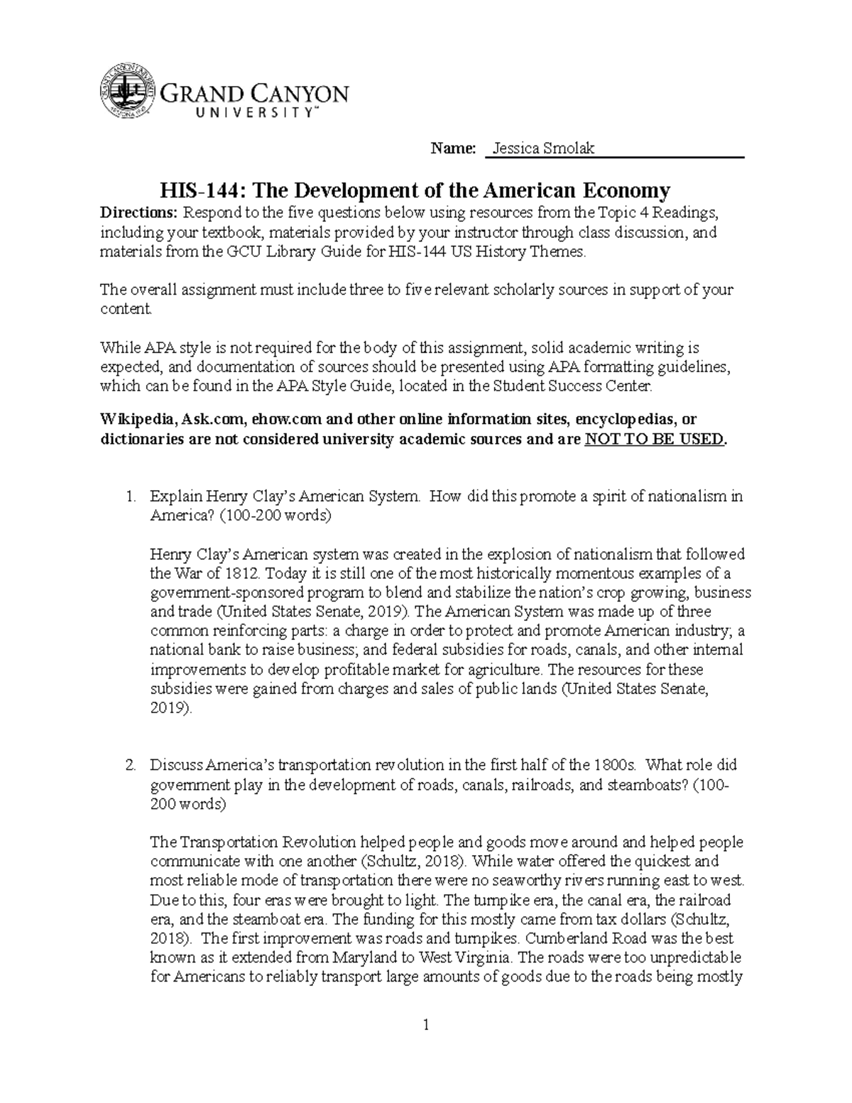 Development of the American Economy Week 4 - Name: Jessica Smolak HIS ...