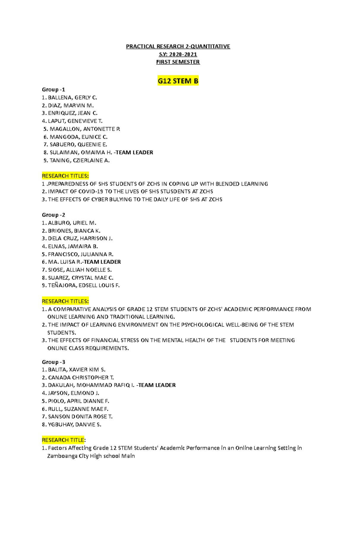 12 STEM B Research Title - PRACTICAL RESEARCH 2-QUANTITATIVE S: 2020- FIRST SEMESTER G12 STEM B ...
