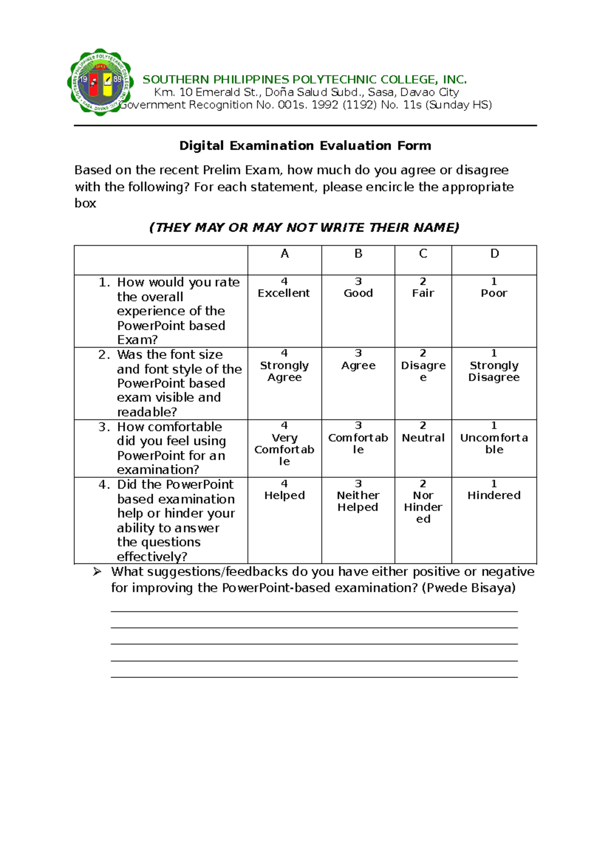 Digital Exam Evaluation Form - SOUTHERN PHILIPPINES POLYTECHNIC COLLEGE ...