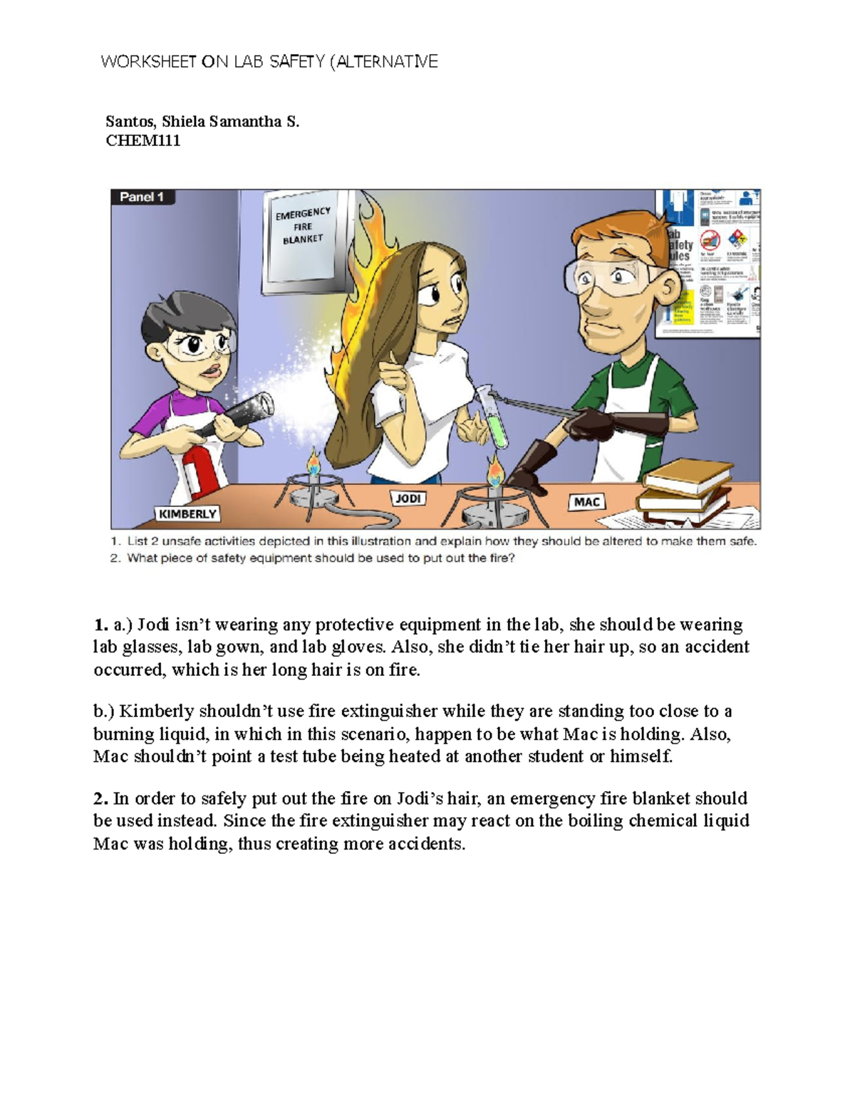 Worksheet LAB Safety - Santos, Shiela Samantha S. CHEM 1. a.) Jodi isn ...