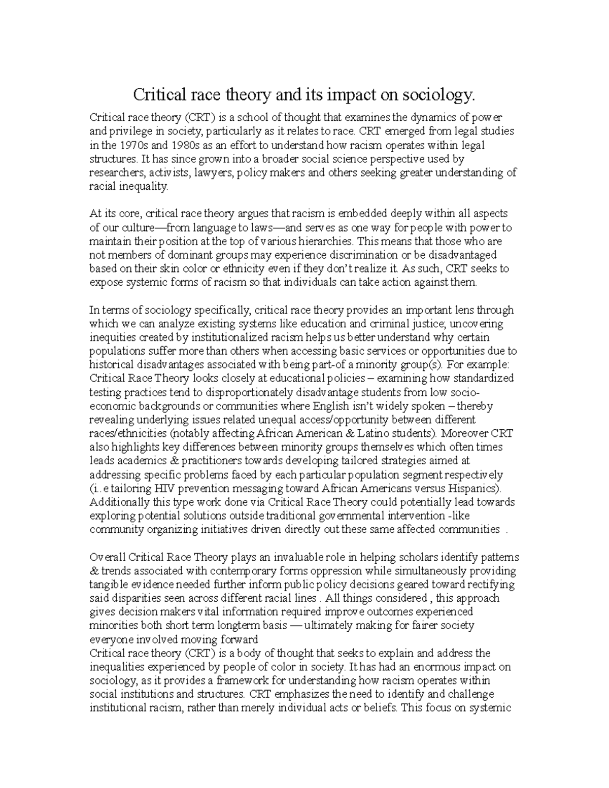 introductory sociology - Critical race theory and its impact on ...