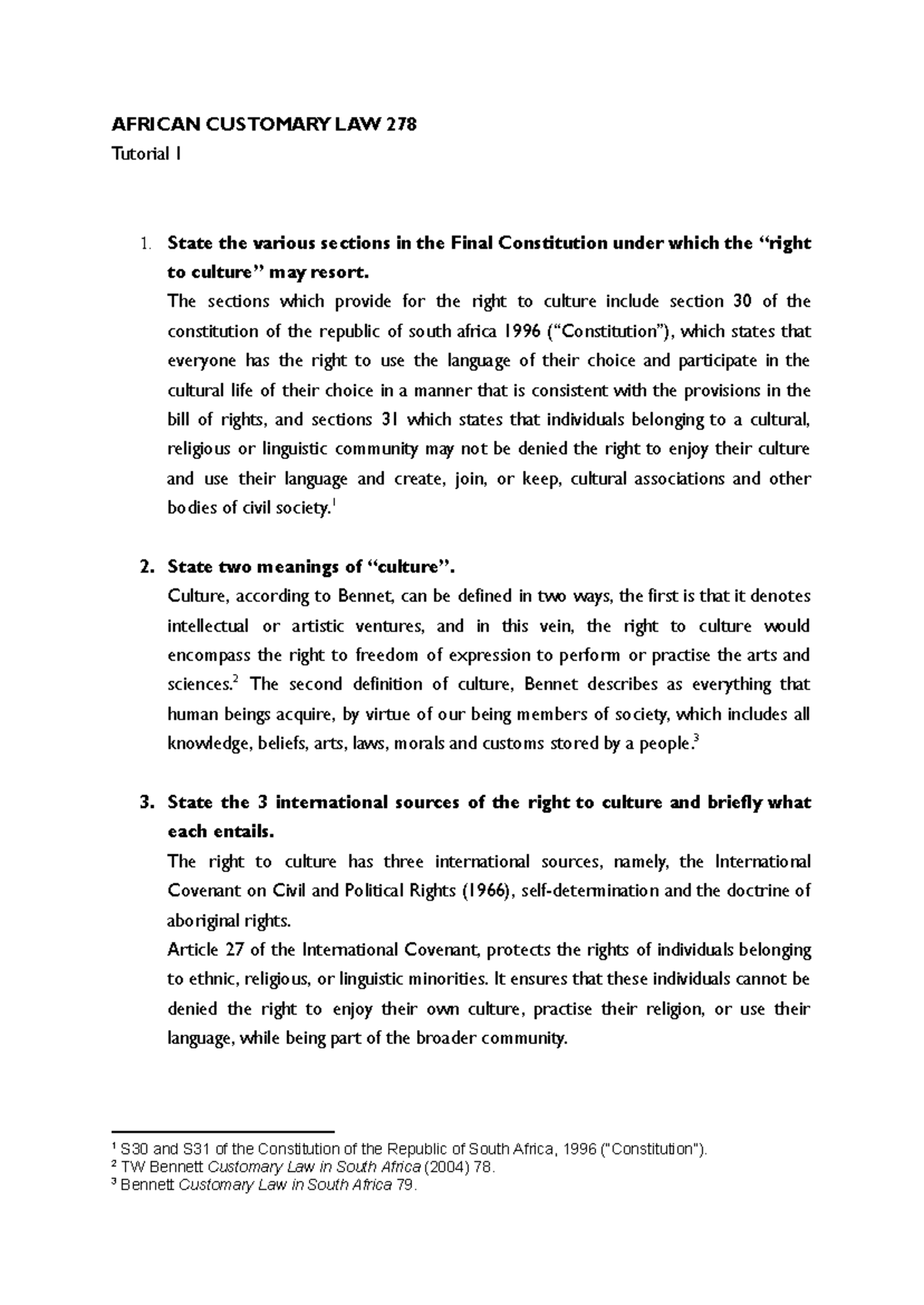 African Customary Law tutorial 1 - AFRICAN CUSTOMARY LAW 278 Tutorial 1 ...