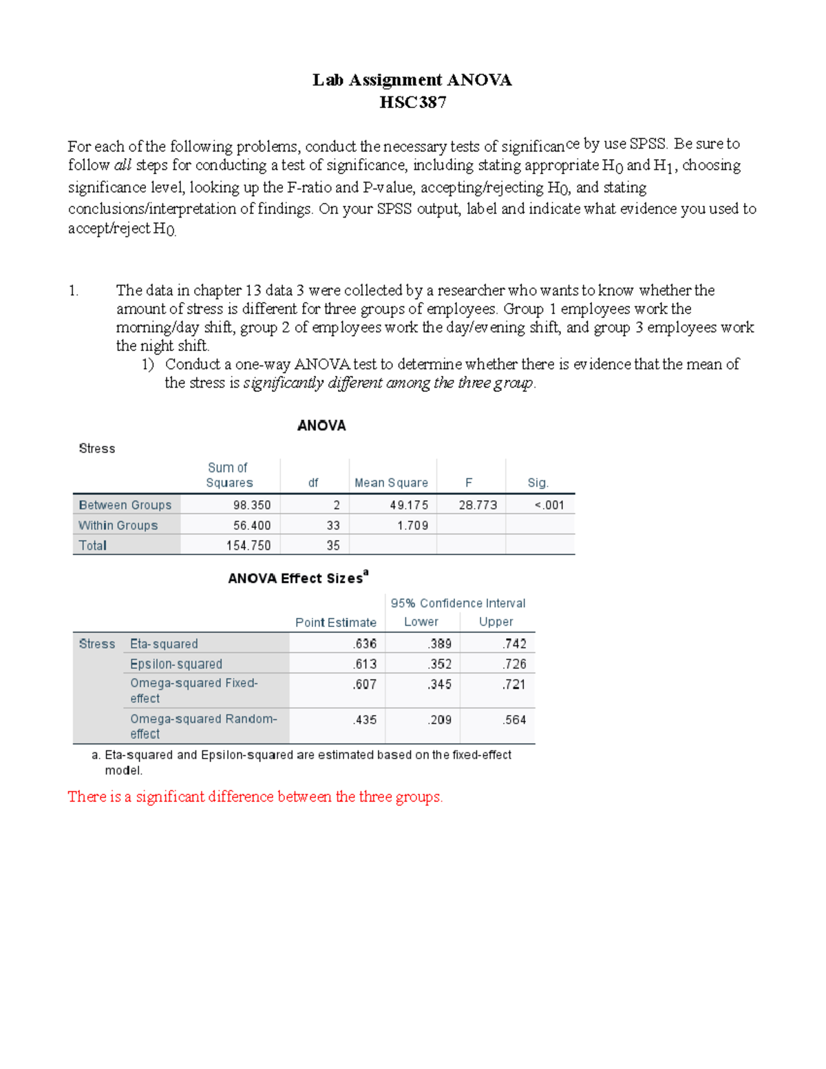 Anova LAB - Dr. L Yao - Lab Assignment ANOVA HSC For each of the ...