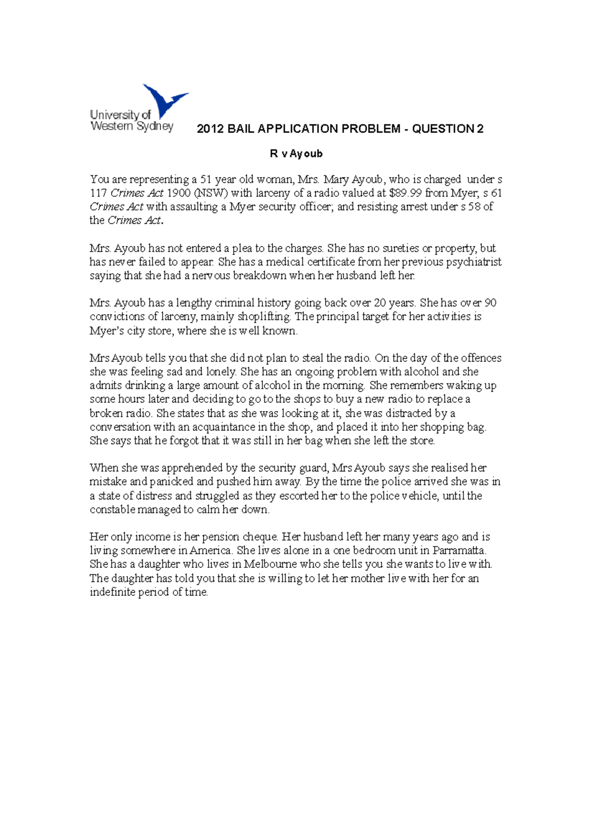 Seminar assignments - Bail problems 1-4 - 2012 BAIL APPLICATION PROBLEM ...