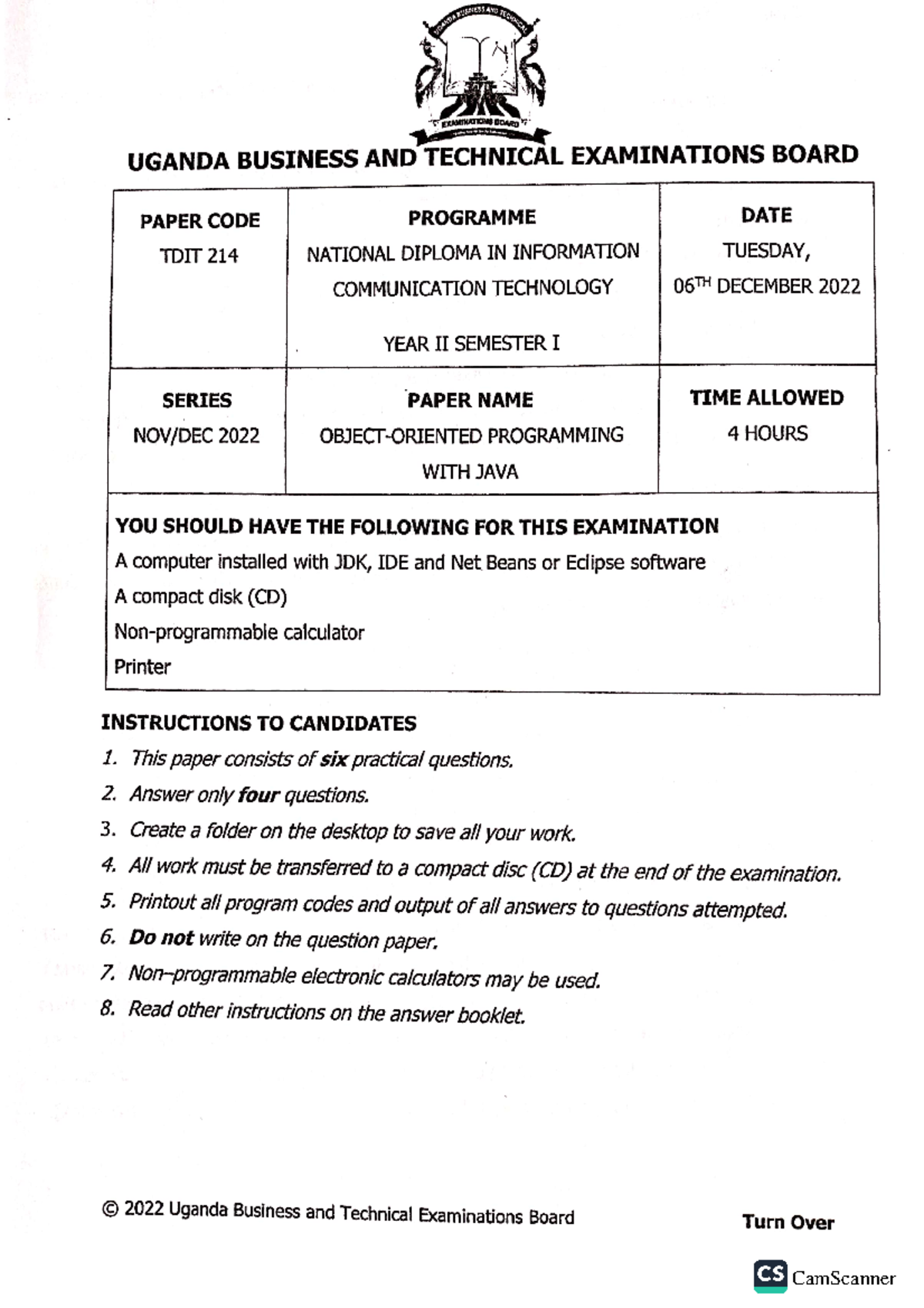 Ubteb TDIT 214 Object Oriented Programming WITH JAVA DEC 2022 PAST ...