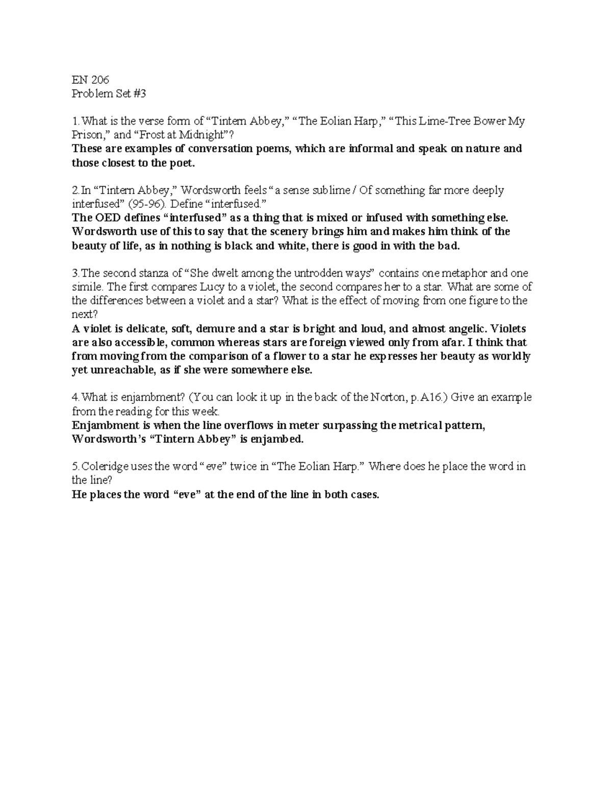 Problem Set 3 - EN 206 Problem Set # 1 is the verse form of “Tintern Abbey,” “The Eolian Harp ...