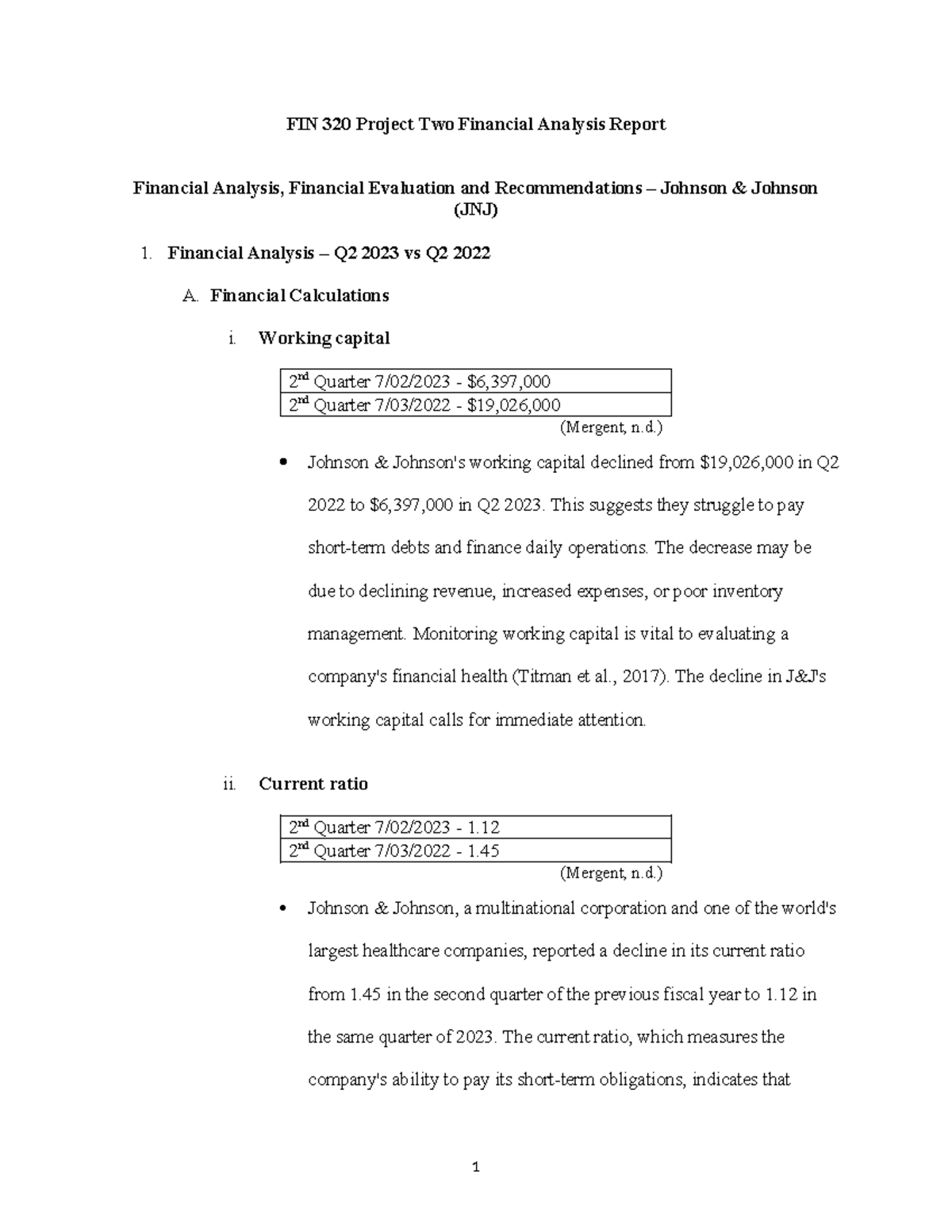 FIN 320 Project Two Financial Analysis Report 101523 - FIN 320 Project ...