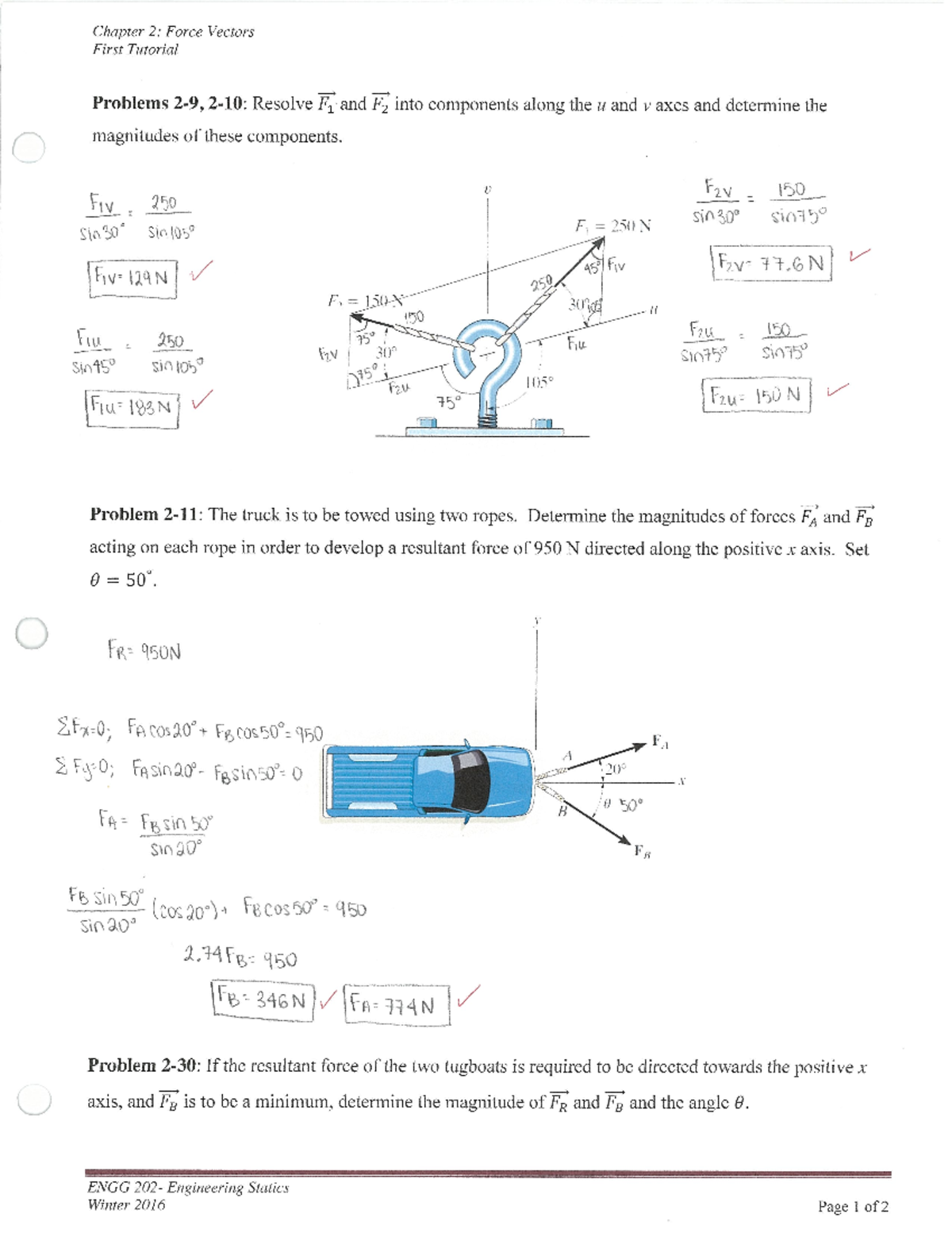 Tutorial work - All tutorials - Chapter 2: Force Vectors First Tutorial Problems Resolve F1) and ...