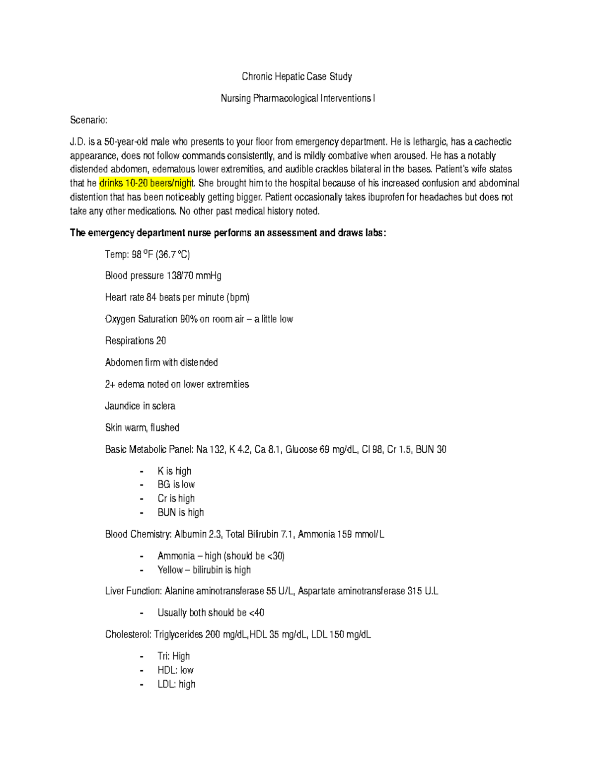 Hepatic Case Study - Chronic Hepatic Case Study Nursing Pharmacological ...