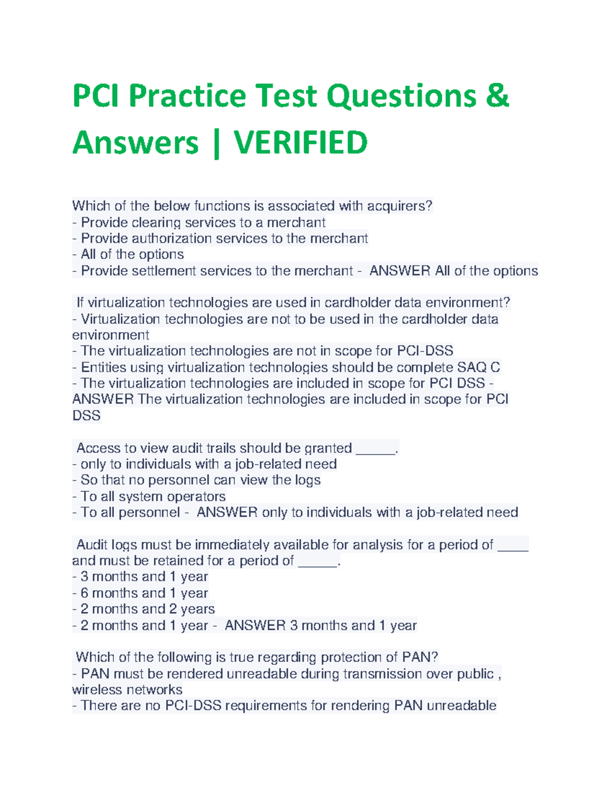 PCI Practice Test Questions - only to individuals with a job-related ...
