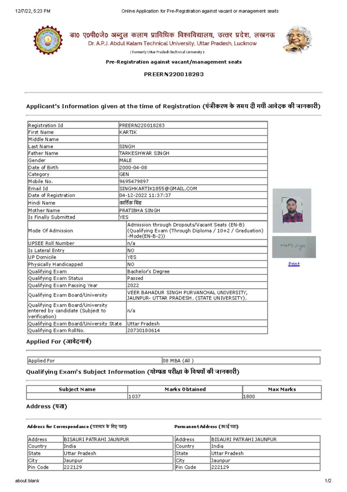 Kartik AKTU - 12/7/22, 5:23 PM Online Application for Pre-Registration ...