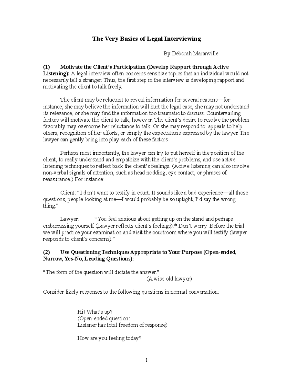 Interviewing - script - The Very Basics of Legal Interviewing By ...