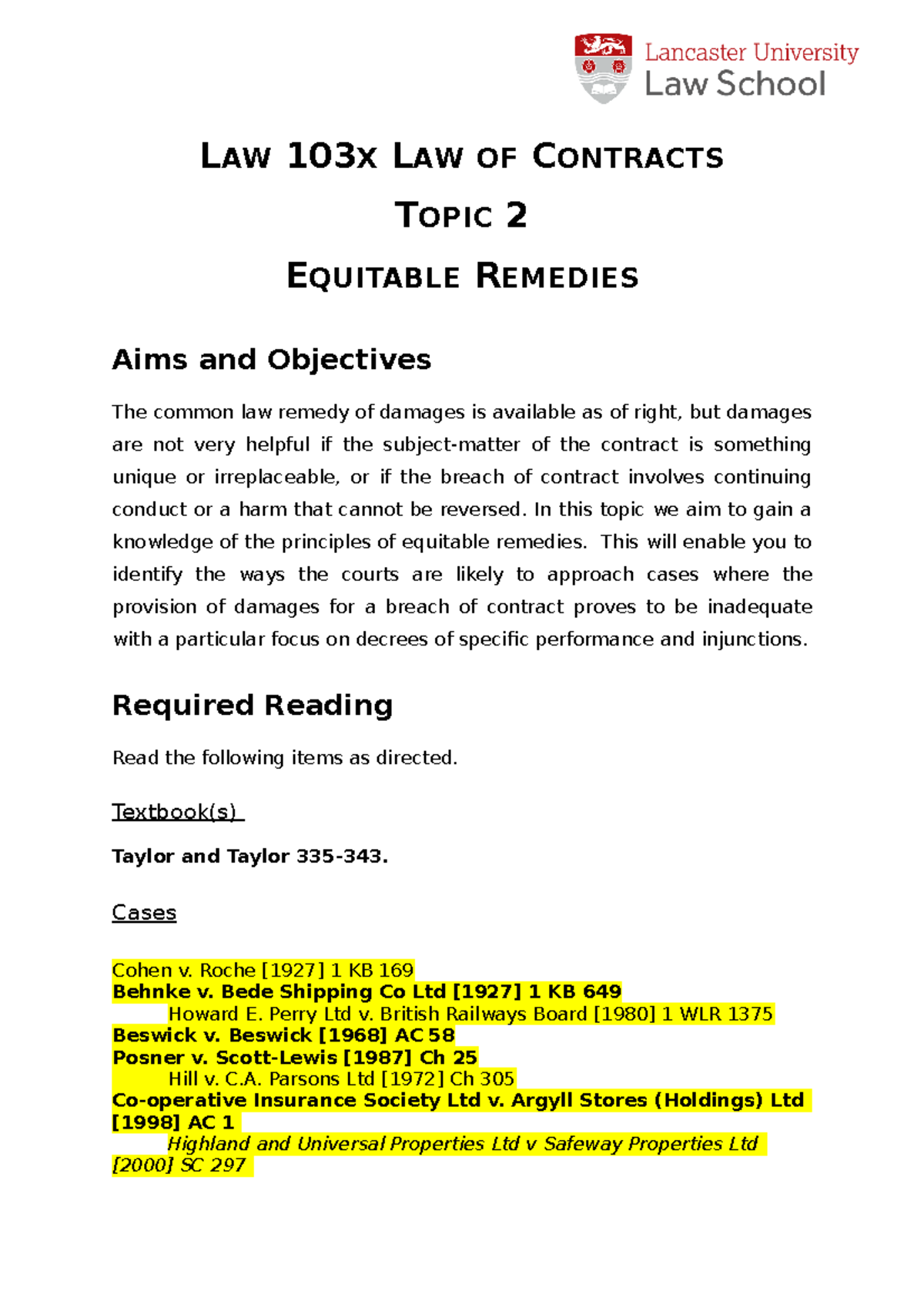 Topic 3 - Equitable Remedies - LAW 103 X LAW OF CONTRACTS TOPIC 2 EQUITABLE REMEDIES Aims and ...