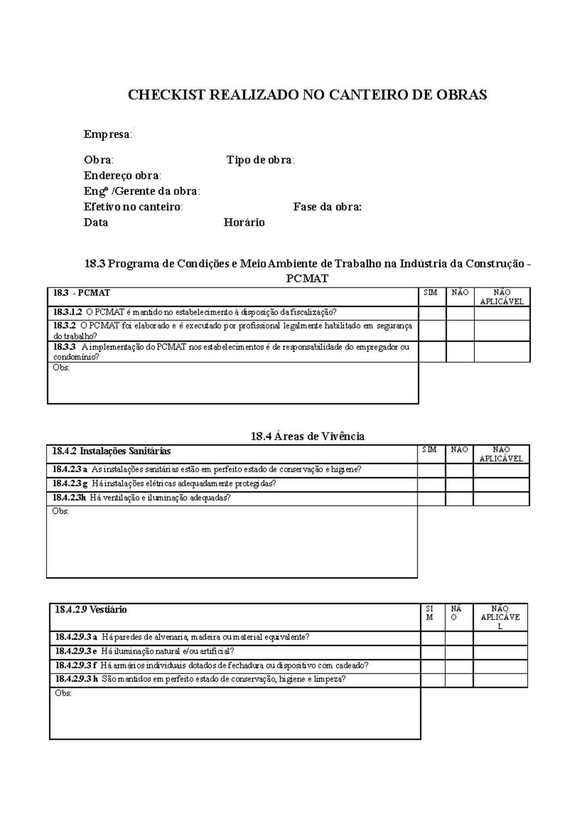 Checkist - Modelo de checklist para avaliação em vistoria em obras de ...