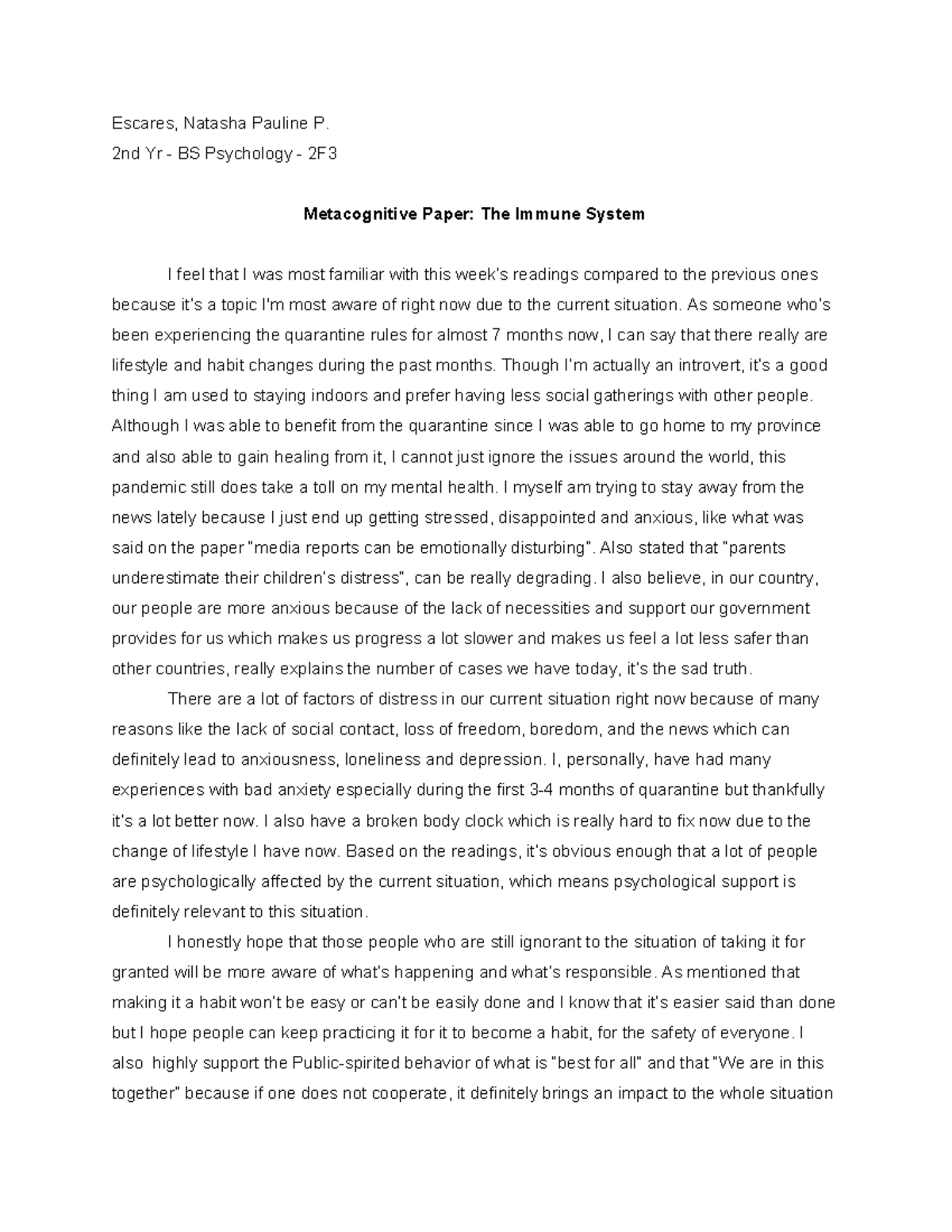 Metacognitive Paper - Immune System _ E, N.P. - Escares, Natasha ...