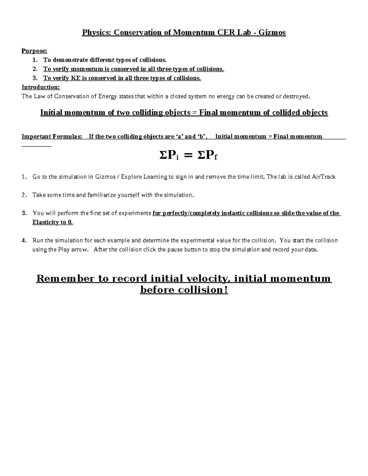 Momentum CER Gizmos Lab - Physics: Conservation of Momentum CER Lab ...