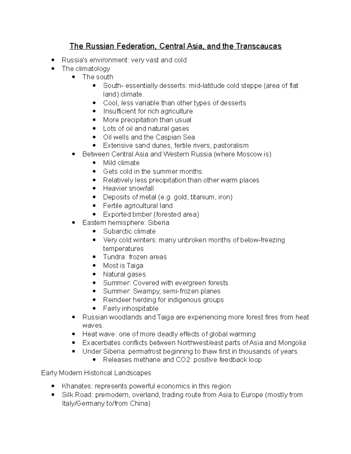 World Cultures Notes - The Russian Federation, Central Asia, and the ...