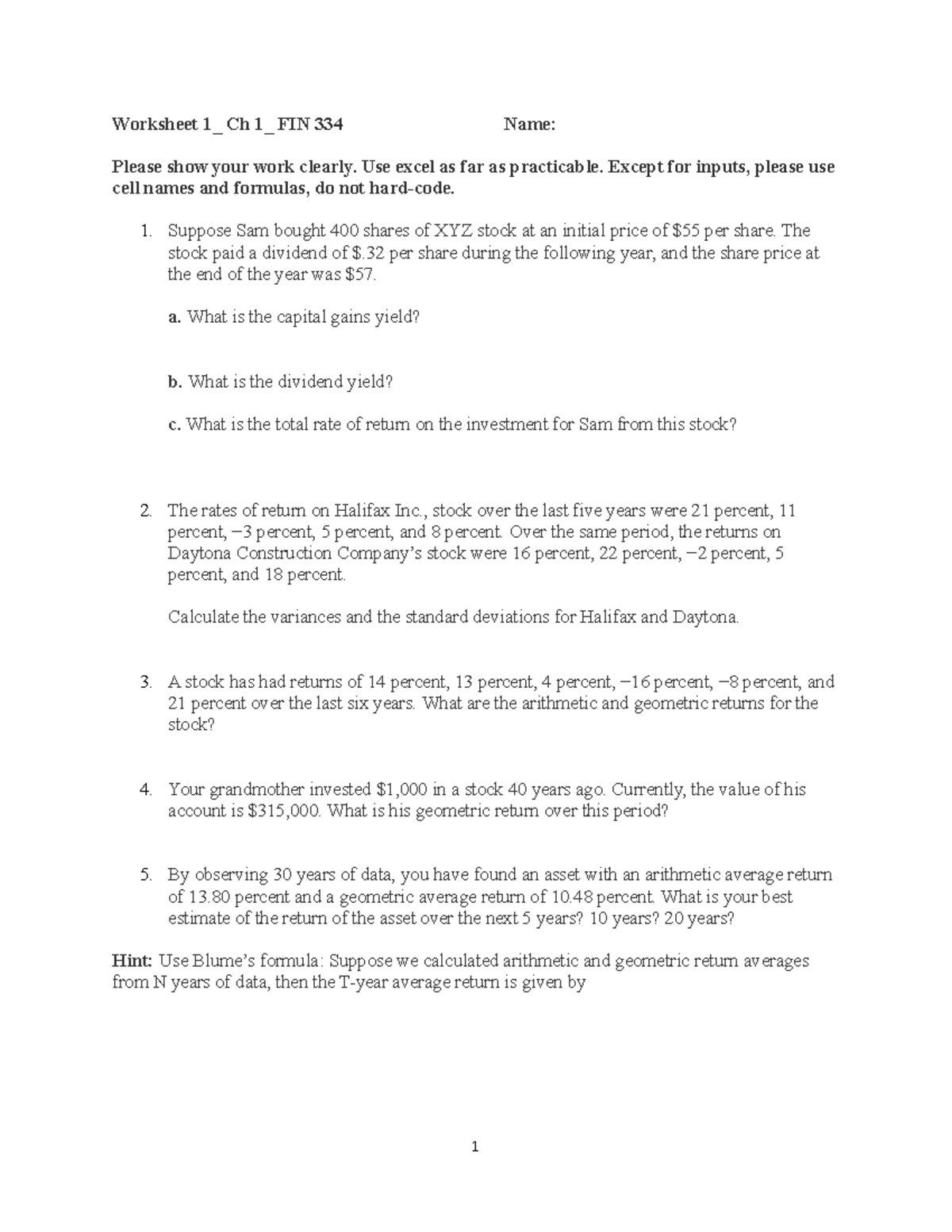 Worksheet 1.1 Ch 1 FIN 334 - Worksheet 1_ Ch 1_ FIN 334 Name: Please ...