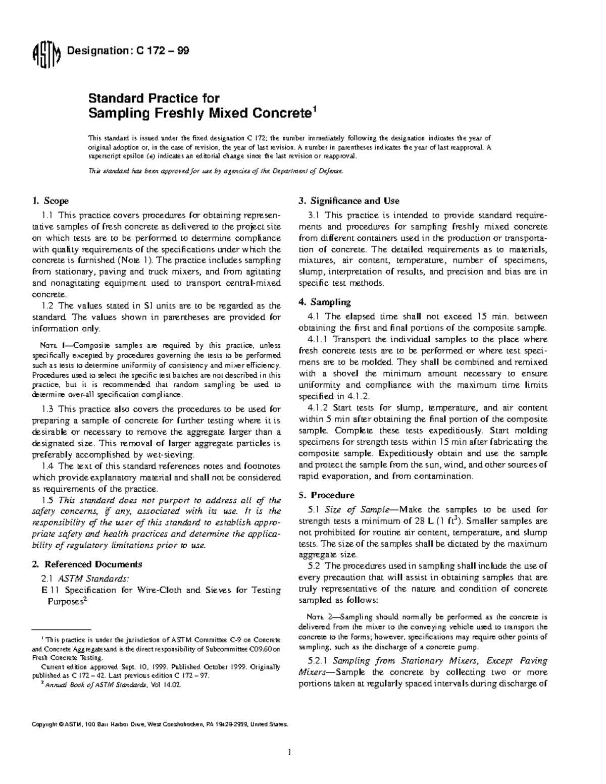 ASTM C-172 Sampling of Fresh Concrete - Designation: C 172 – 99 ...