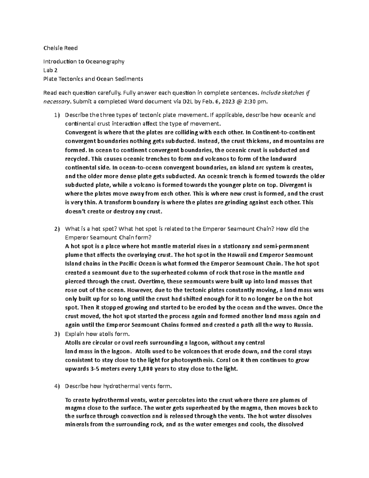 Lab 2 - Plate Tectonics and Sediments Chelsie Reed - Chelsie Reed ...