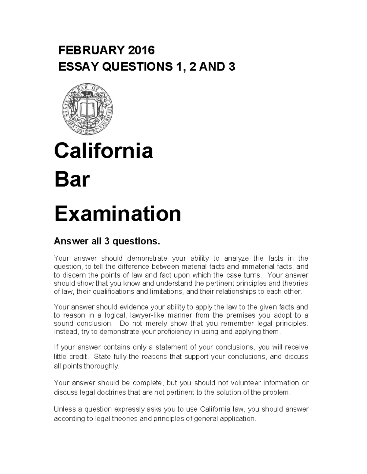 February 2016 CBX Questions R FEBRUARY 2016 ESSAY QUESTIONS 1 2 AND