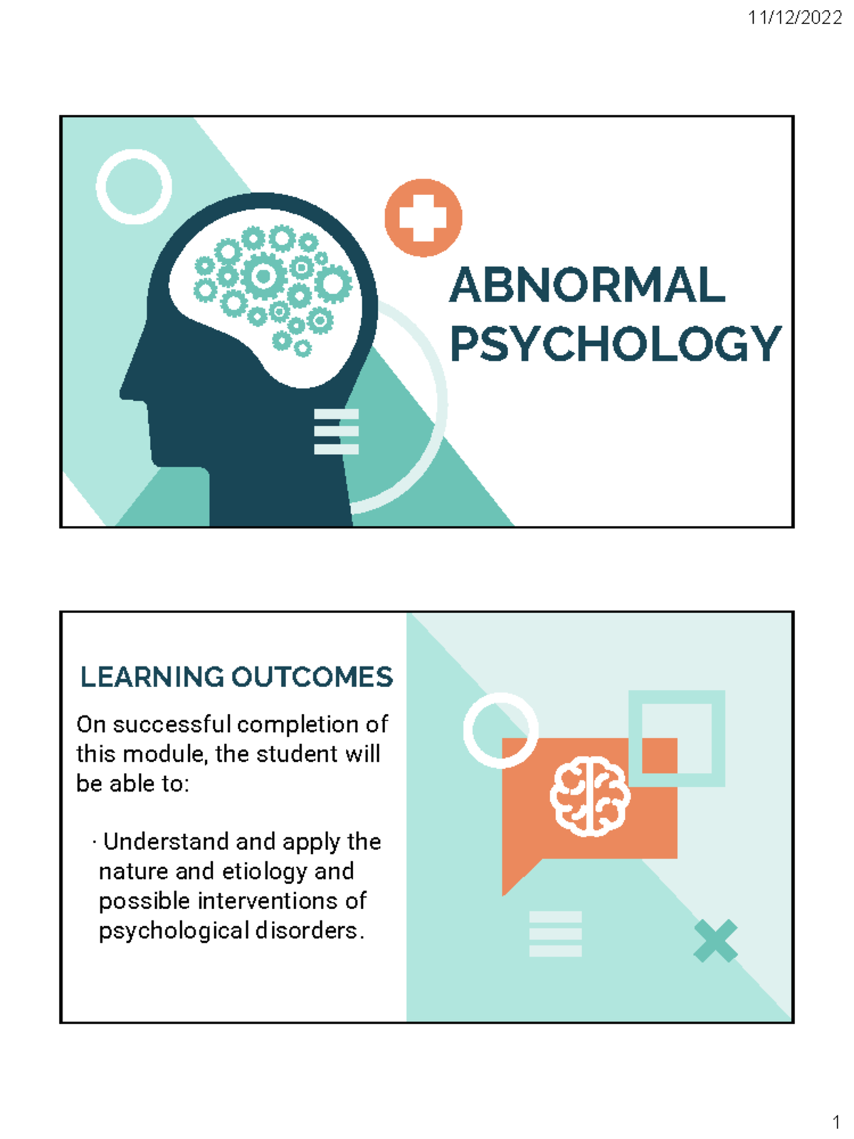 Abnormal Psy Disorders - ABNORMAL PSYCHOLOGY LEARNING OUTCOMES On ...